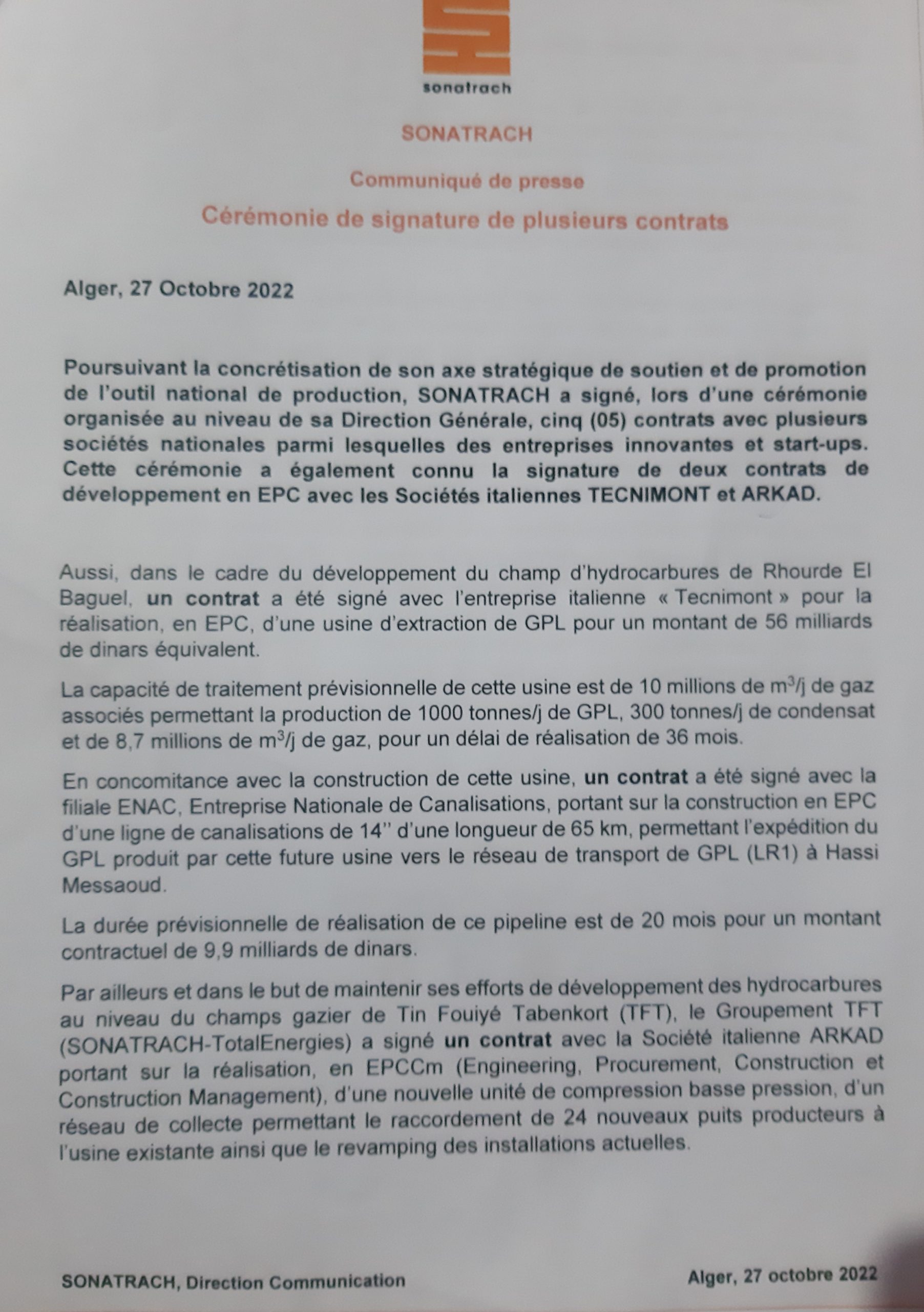 Sonatrach signe plusieurs contrats dont un pour la réalisation d’une ...