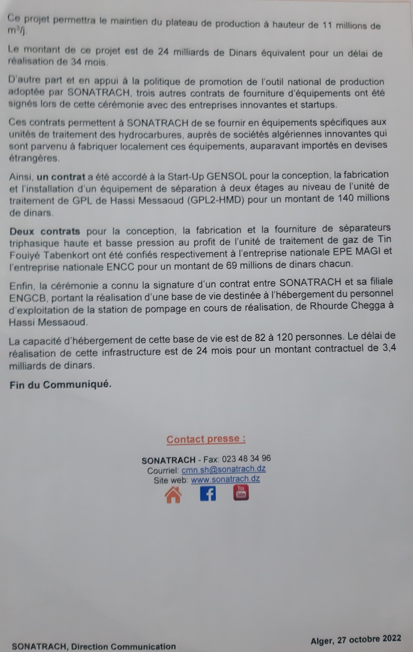 Sonatrach signe plusieurs contrats dont un pour la réalisation d’une ...